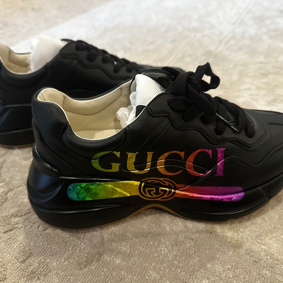 Gucci | Shoes | Gucci Rhyton Rainbow Logo Sneakers Black Leather | Poshmark